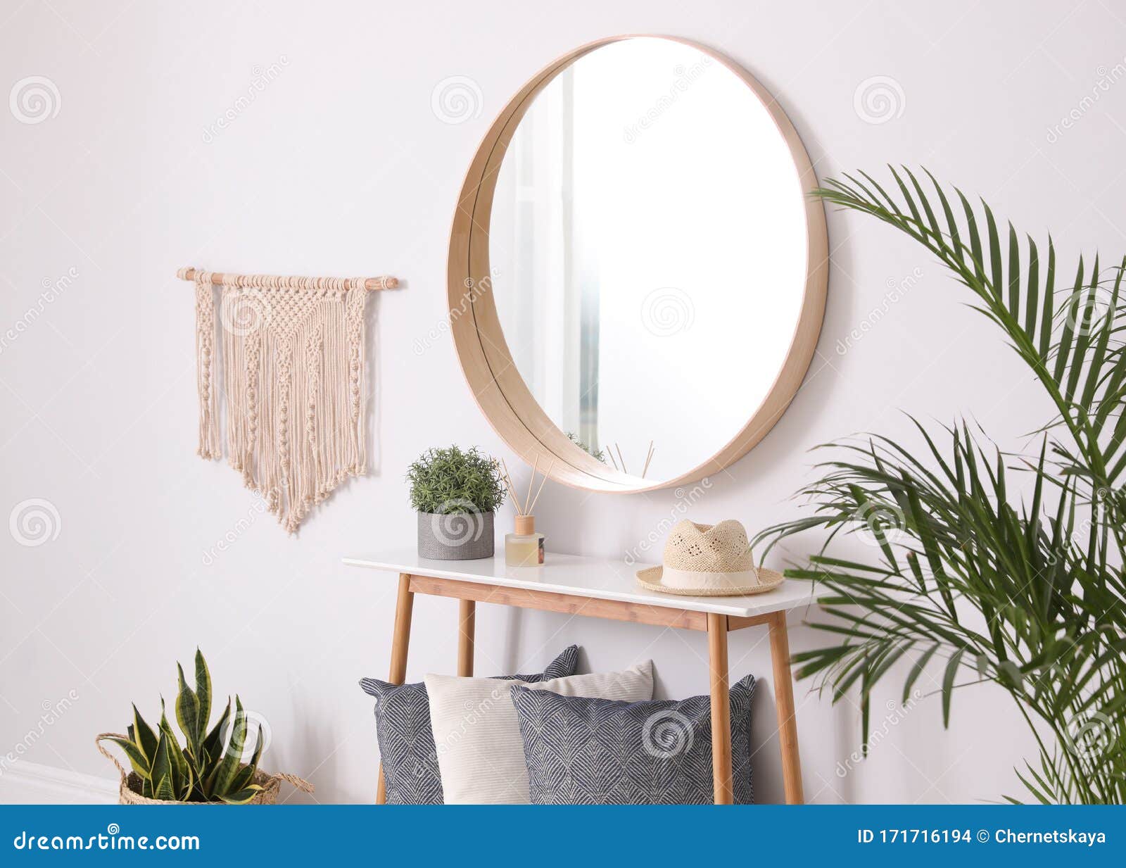 Round Mirror and Wooden Table at Home. Idea for Interior Design Stock ...