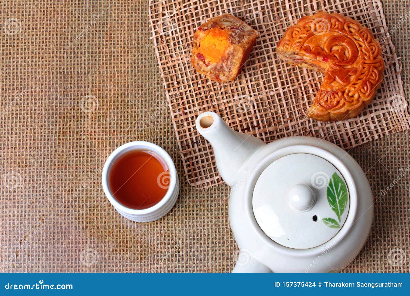 Round Mooncake Filled.8 Grains and Salted Eggs Served with Tea and the ...