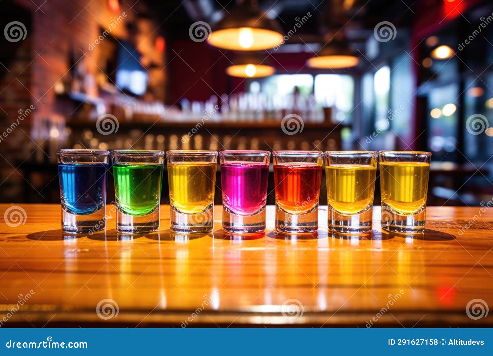 A Round of Multi-colored Shots Lined Up on a Bar Stock Photo - Image of ...