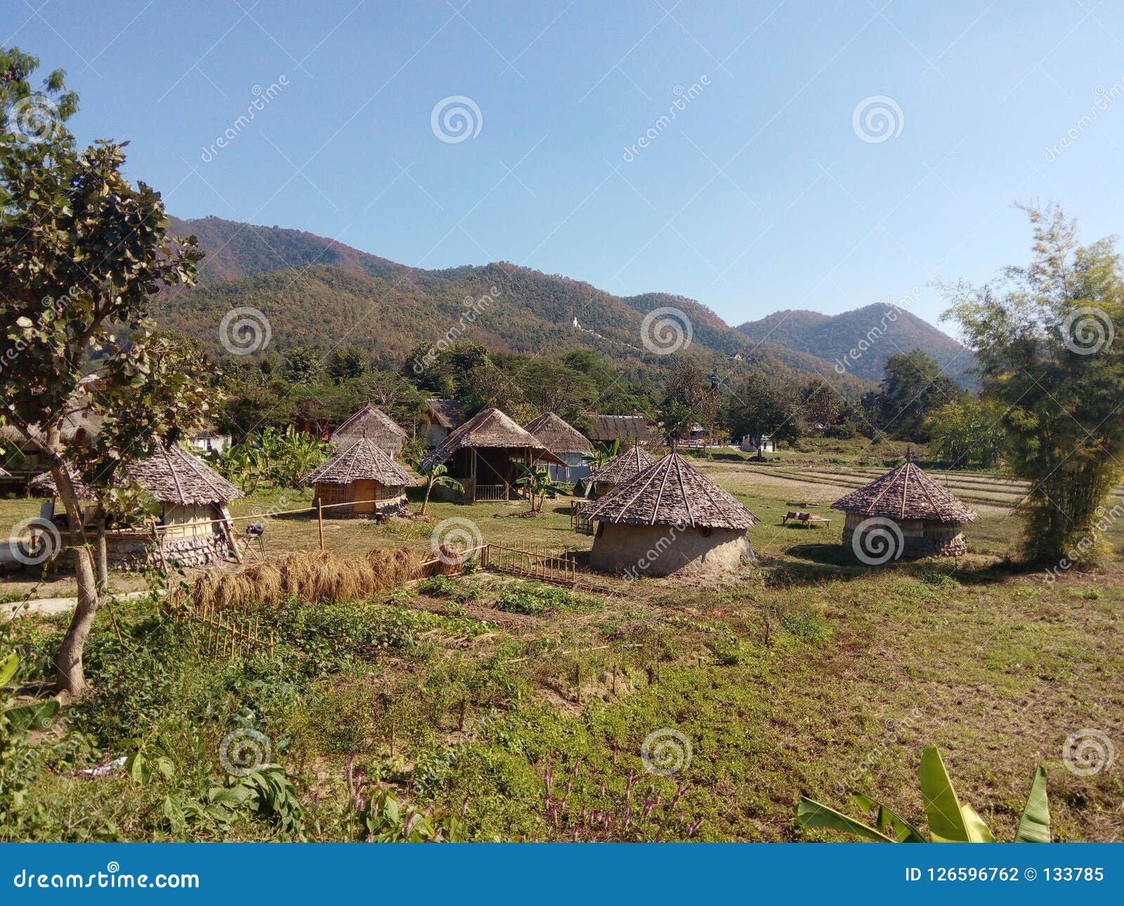 Round Native Huts on Field and Hills Stock Photo - Image of travel ...
