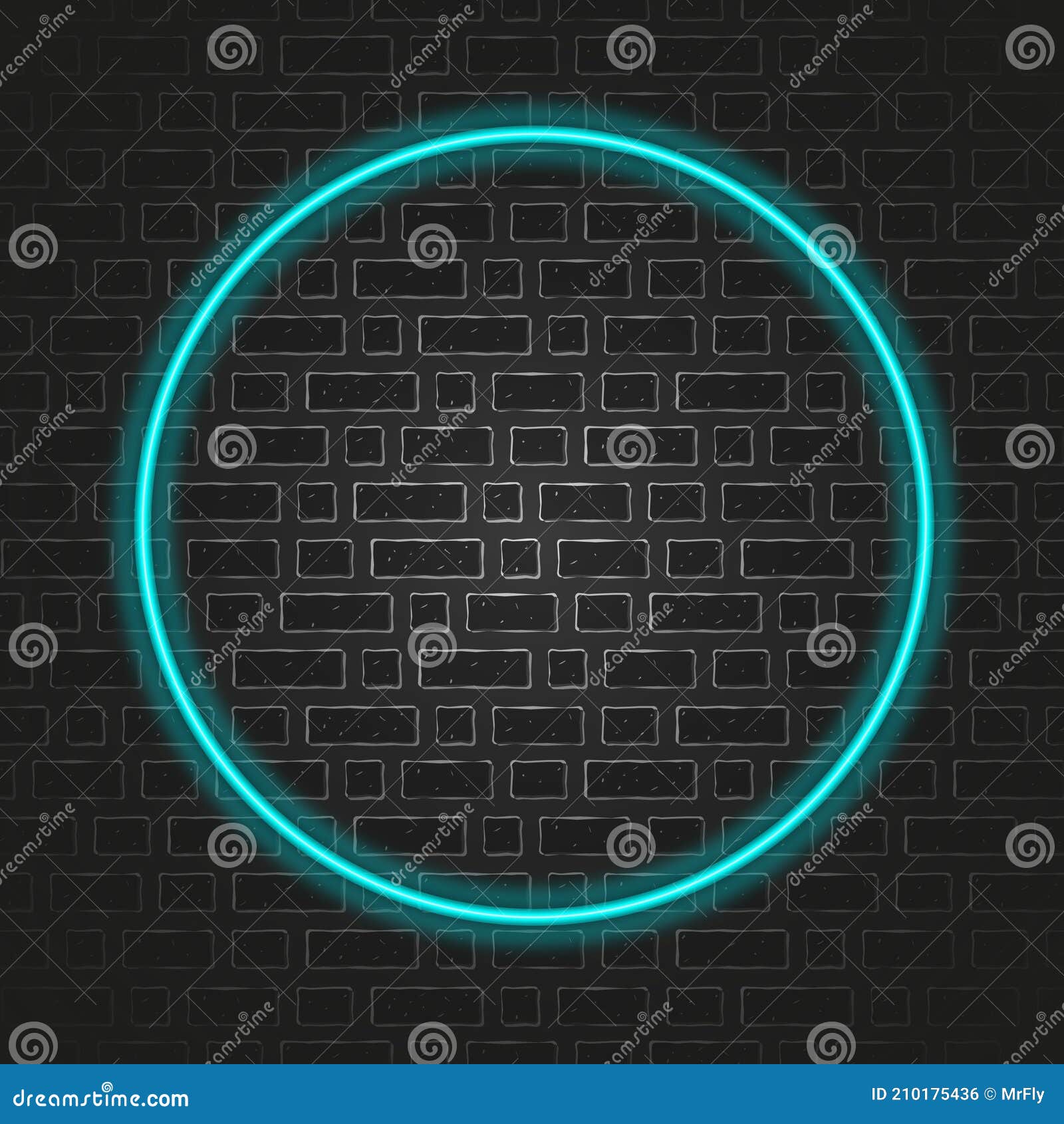 Round Neon Blue Frame on Black Brick Wall, Vector Illustration Stock ...