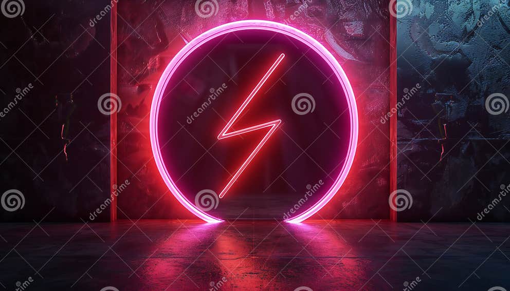 Round Neon Sign with Reflective Surface, with Lightning in a Circle ...