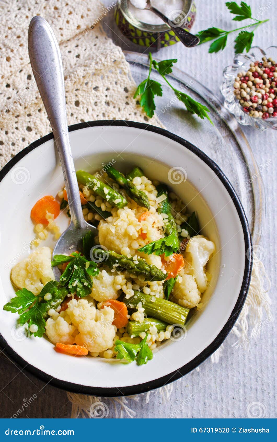 Round Pasta with Vegetables Stock Photo - Image of fregula, cauliflower ...