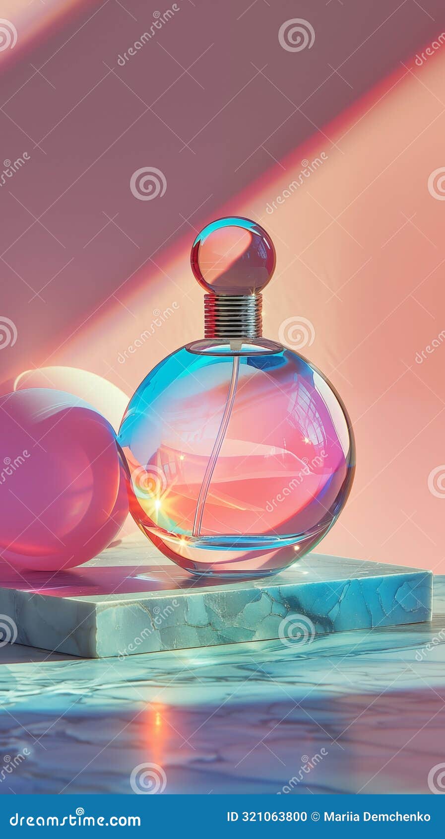 Round Perfume Bottle on Marble Platform with Peach Gradient Background ...