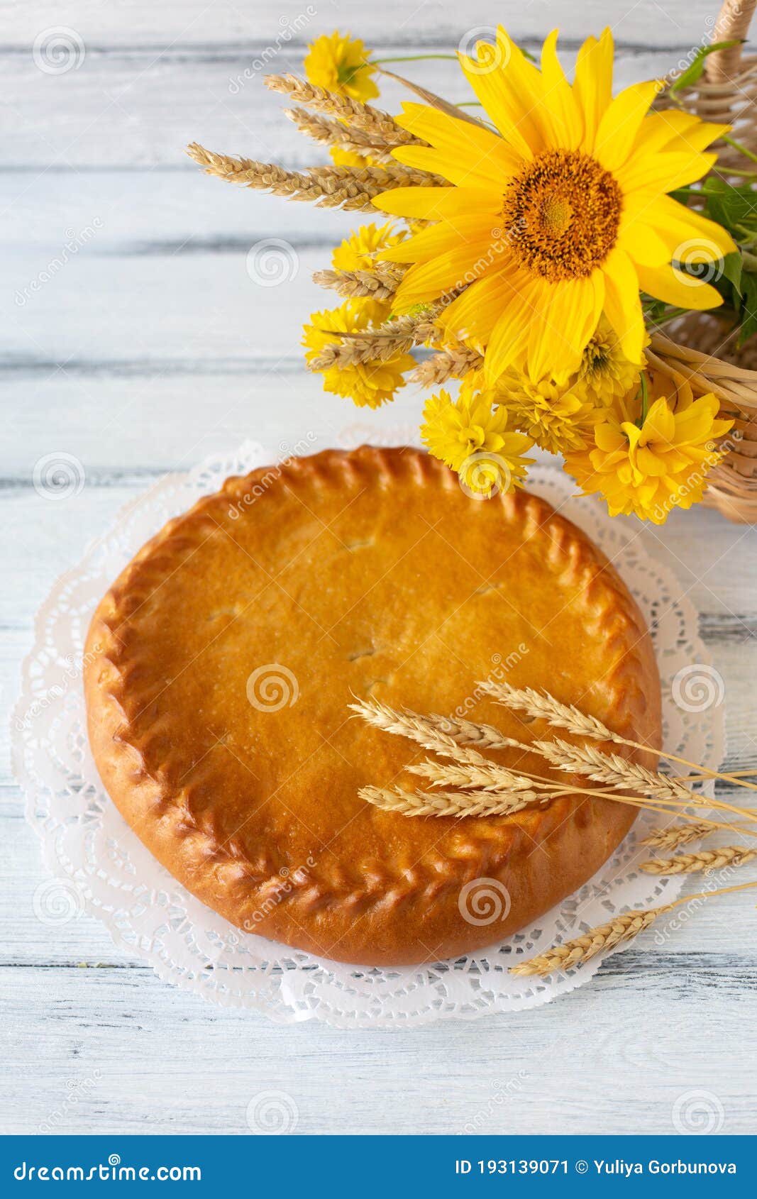 Round Pie and Yellow Flowers Stock Image - Image of pastry, gourmet ...