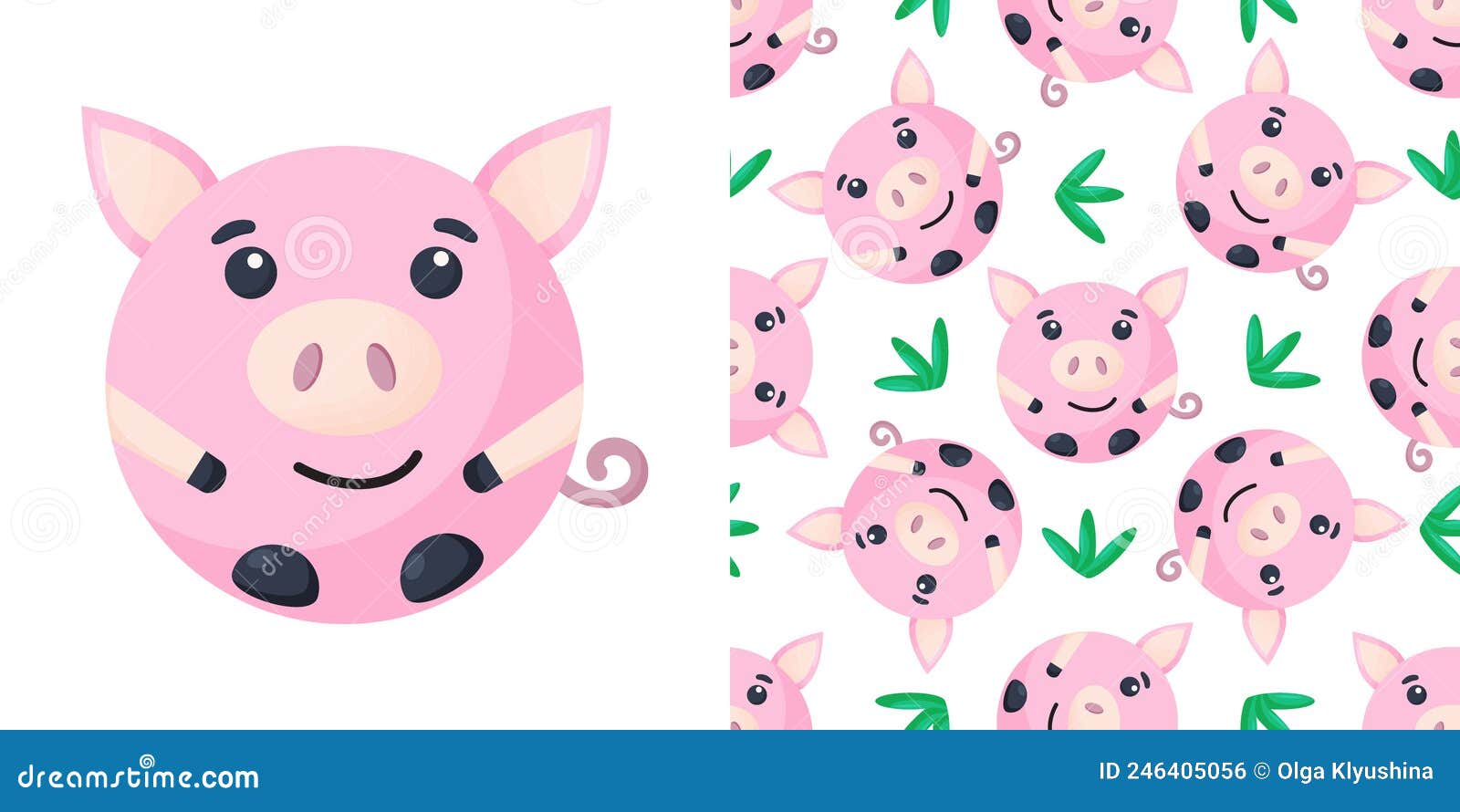 Round Pig Seamless Pattern. Vector Background with the Faces of Pig ...