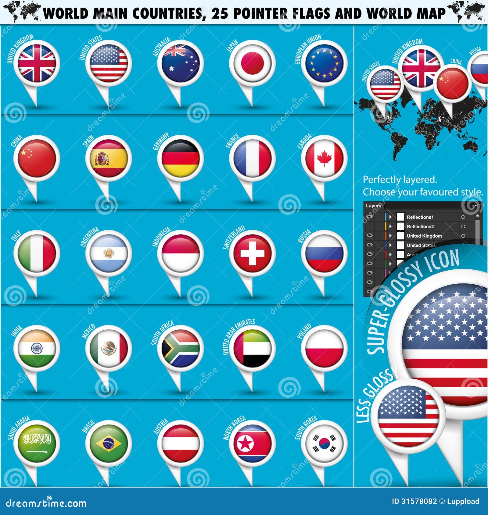 Round Pointer Flags World Top 25 States Set1 Stock Vector ...