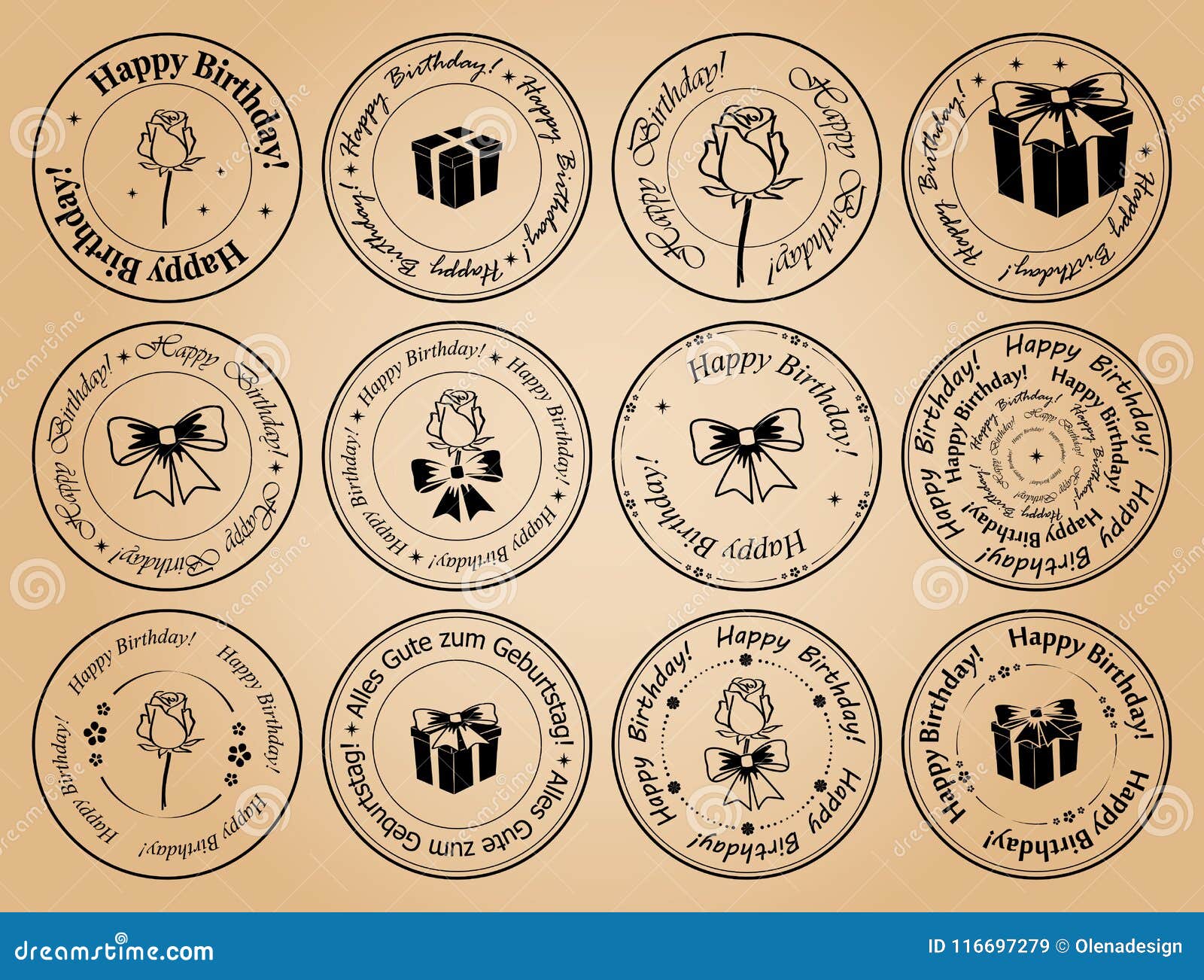 Round Postage Stamps Happy Birthday - Vector Black Elements ...