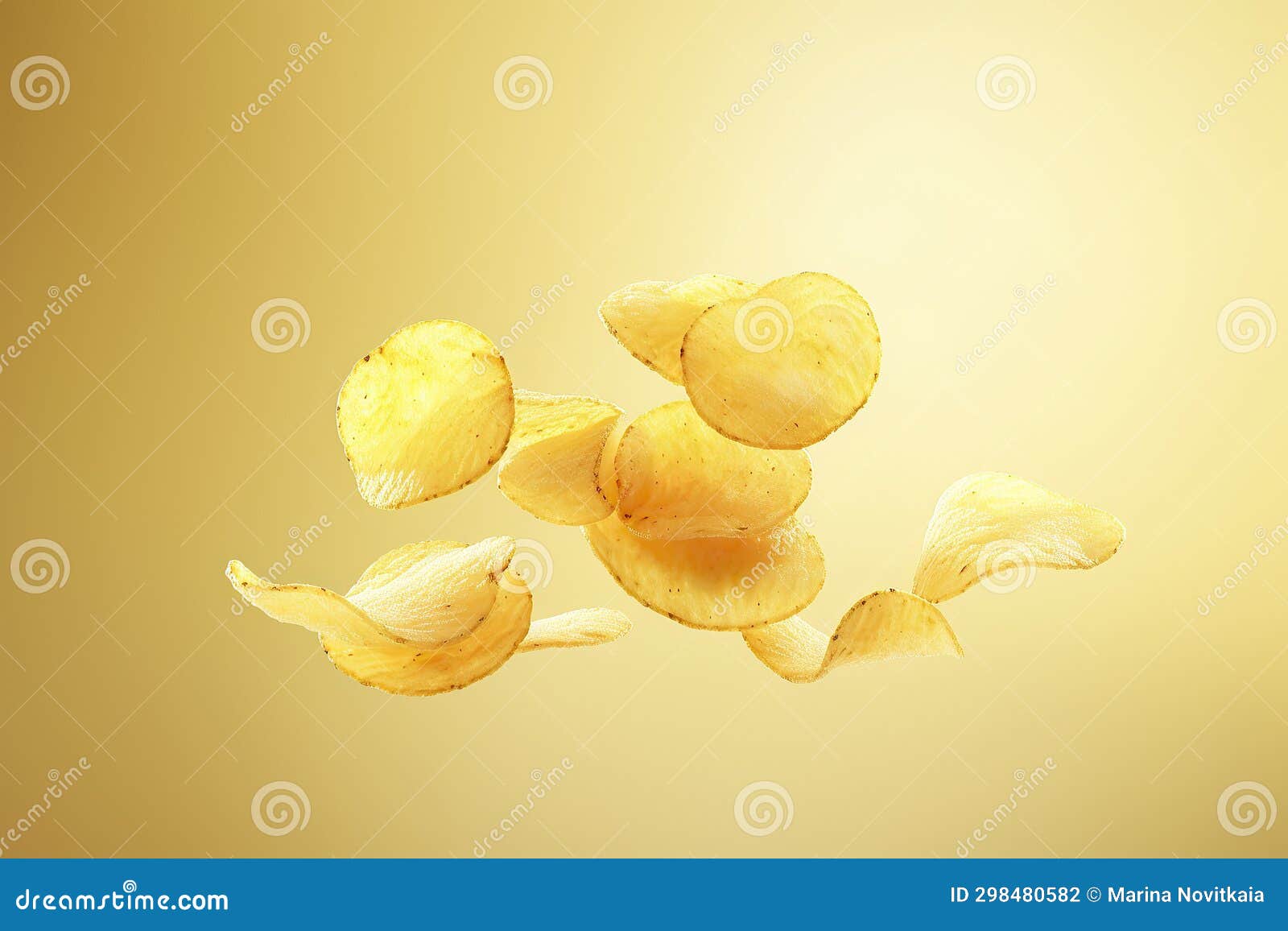 Round Potato Chips with Spices Fall in Pile on Yellow Gradient ...