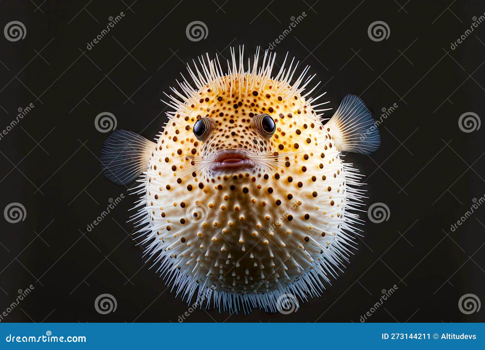 Round Prickly Swollen Puffer Fish on Dark Brown Background Stock ...