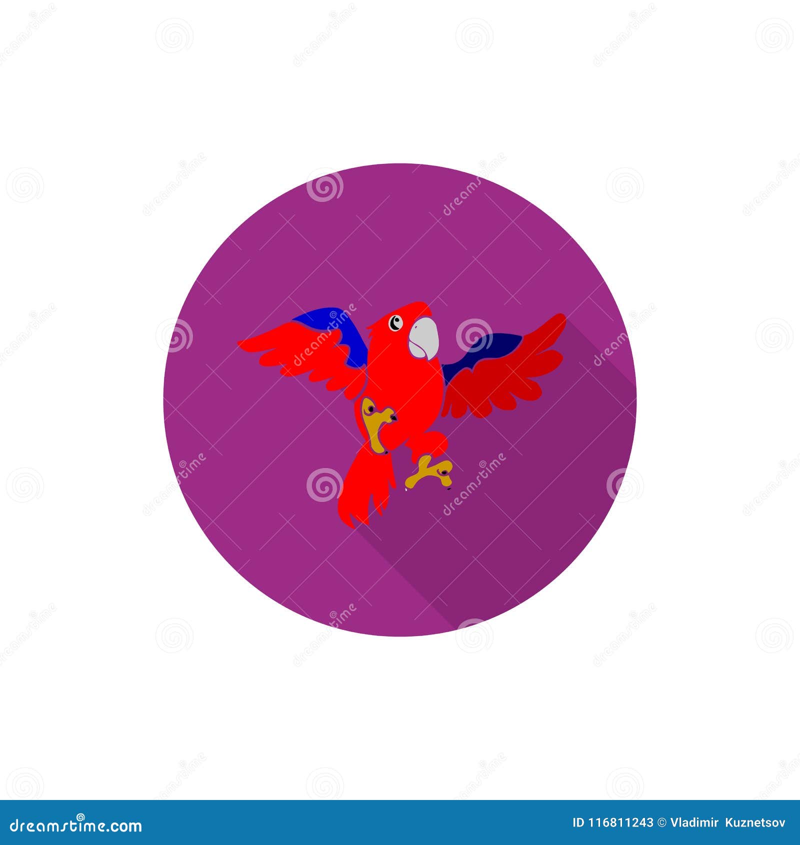 Round Purple Flat Icon, Red Parrot in Flight, on White Background ...