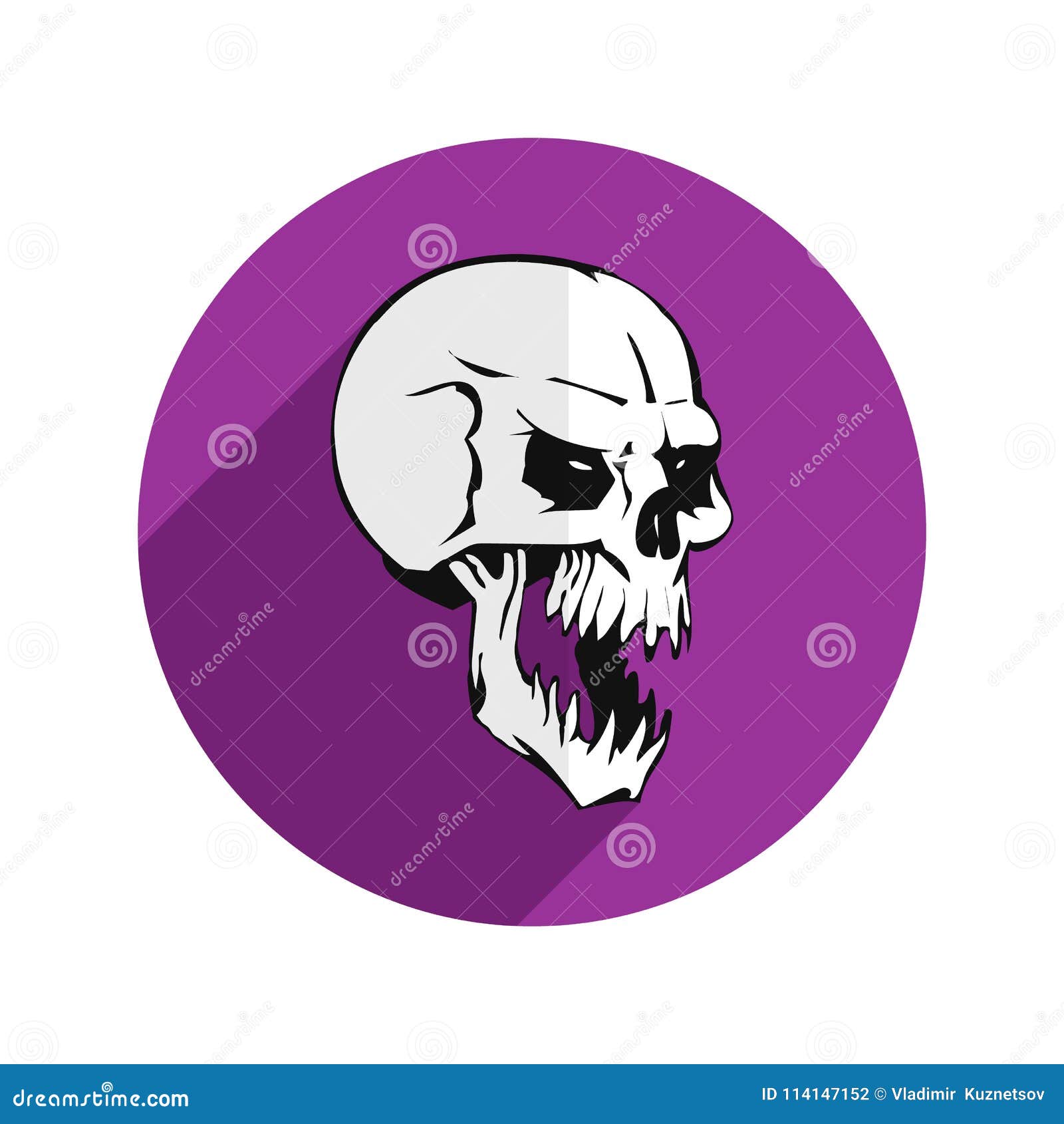 Round Purple Flat Icon for Website, Aggressive Gray Skull, on White ...