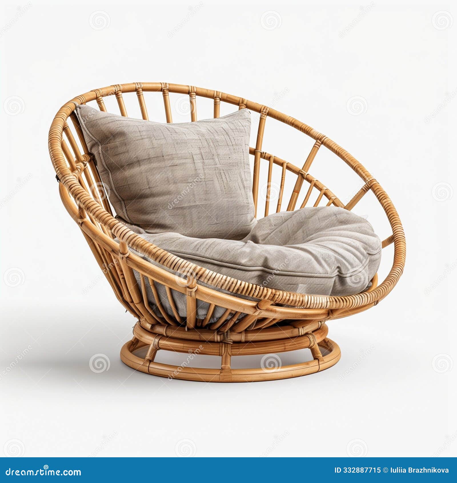 A Round Rattan Chair with a Cushion, Front View, on a White Background ...