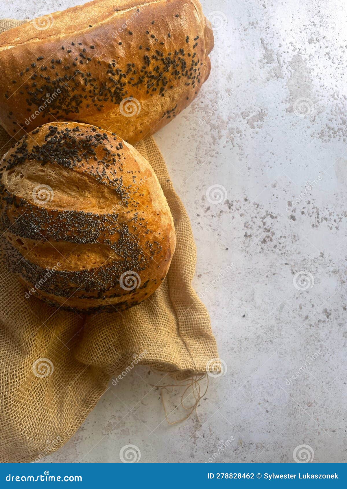 Round and Rectangle Loaf of Bread with Seeds, Top View Stock Photo ...