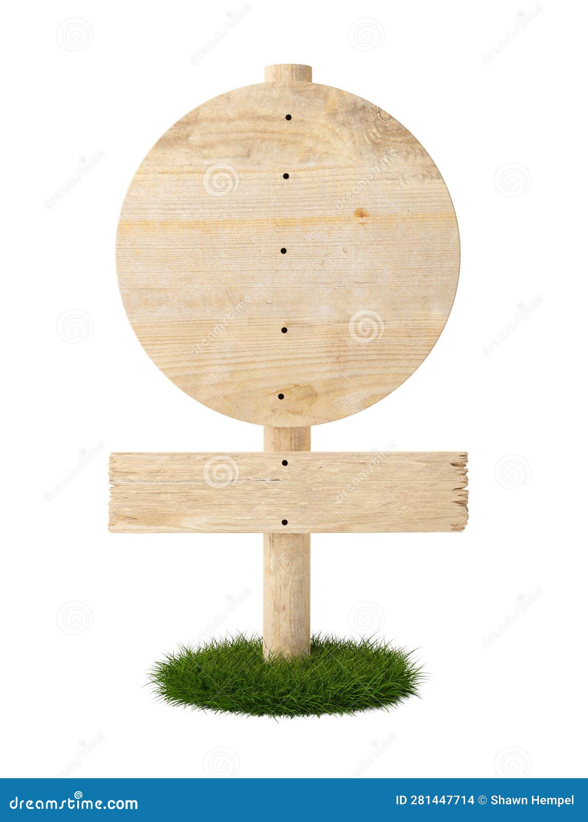 Round and Rectangular Empty, Blank Wooden Signs on Wood Post on Green ...