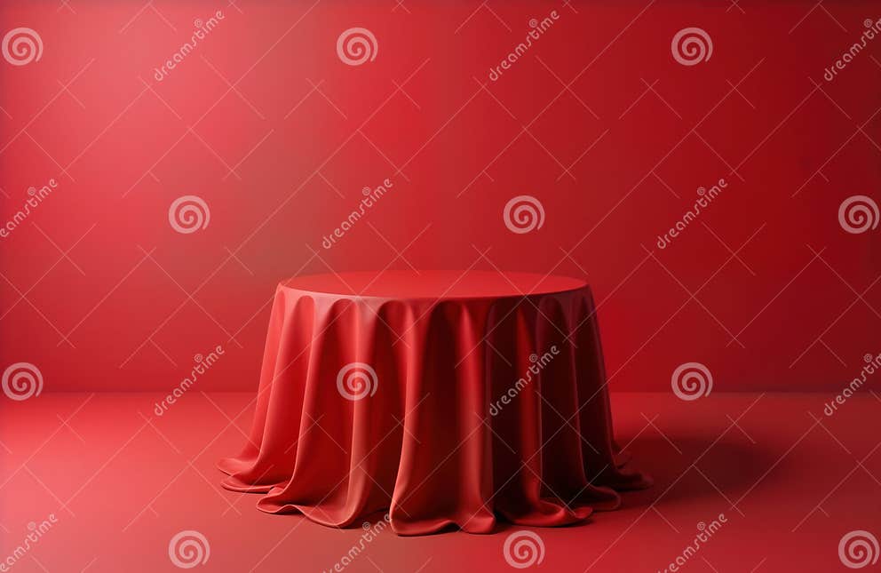 Round Red Table Covered with Red Cloth on Solid Red Background ...
