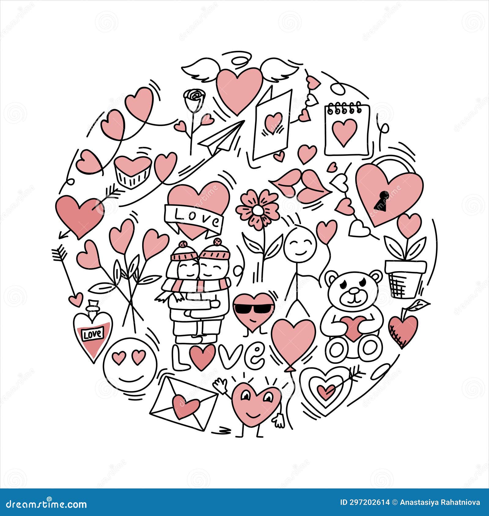 Round Romantic Doodle for Valentines Day. Vector Illustration Stock ...