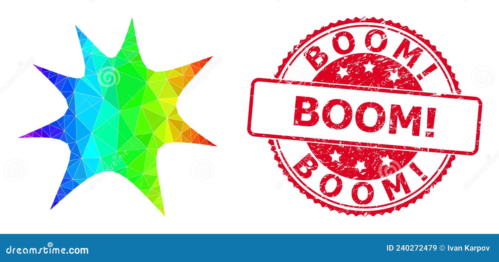 Round Rubber Boom! Seal Imprint with Vector Triangle Filled Boom Splash ...