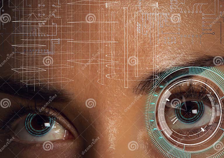 Round Scanner and Microprocessor Connections Against Close Up of Female ...