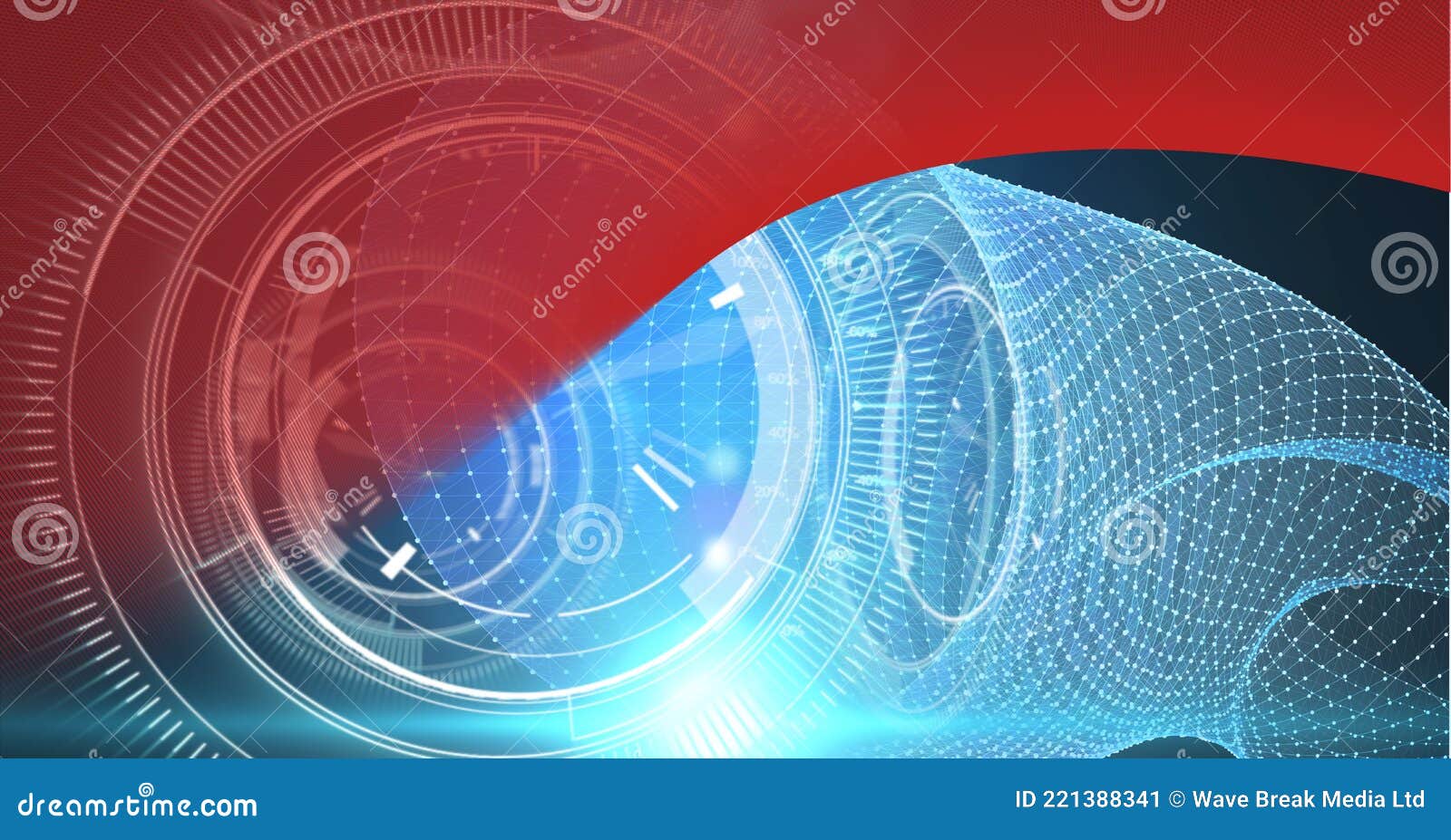 Round Scanner Over Blue Digital Wave Against Red Technology Background ...