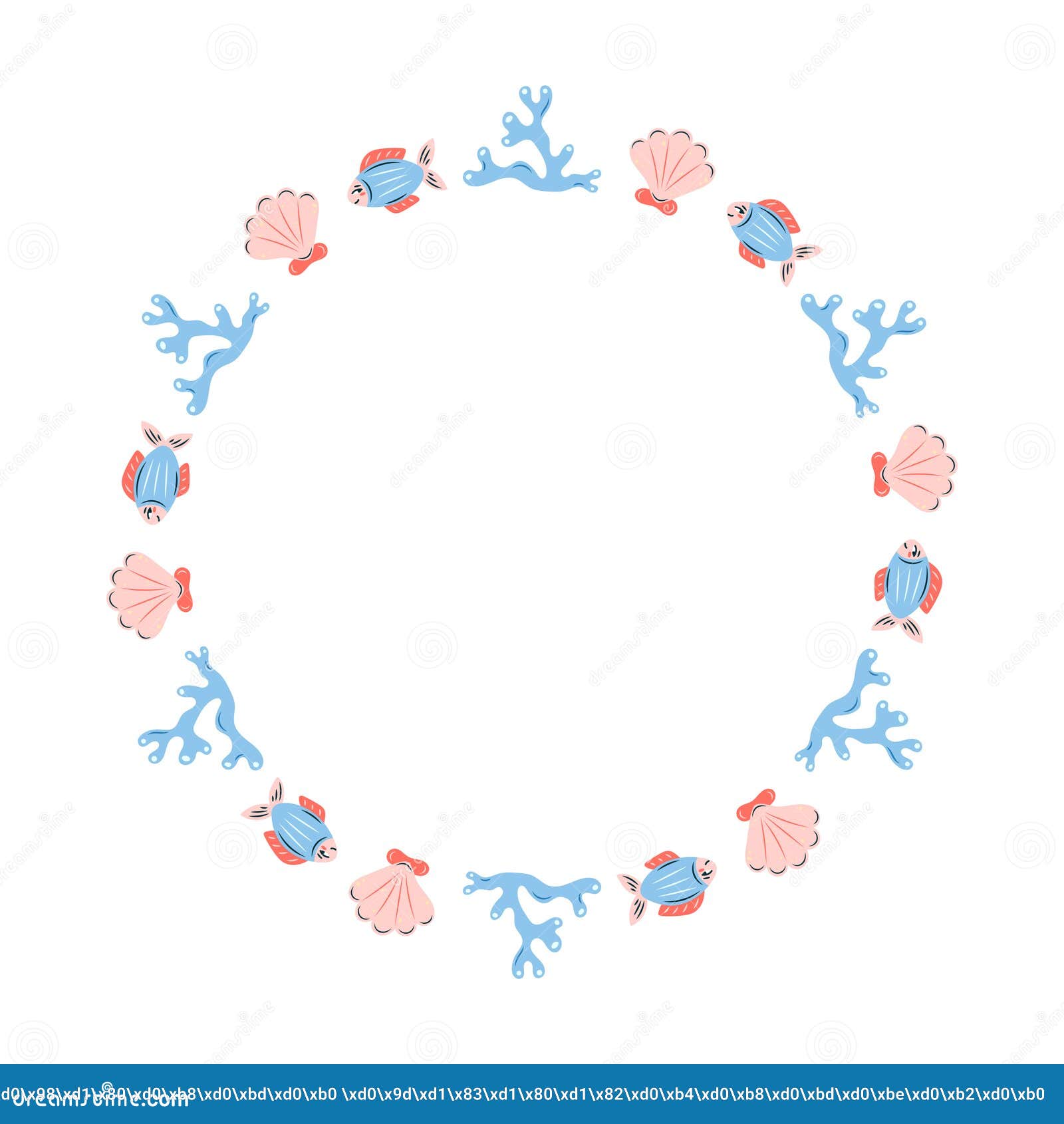 Round Sea Frame with Fish Shells and Corals. Blue Coral and Fish and ...