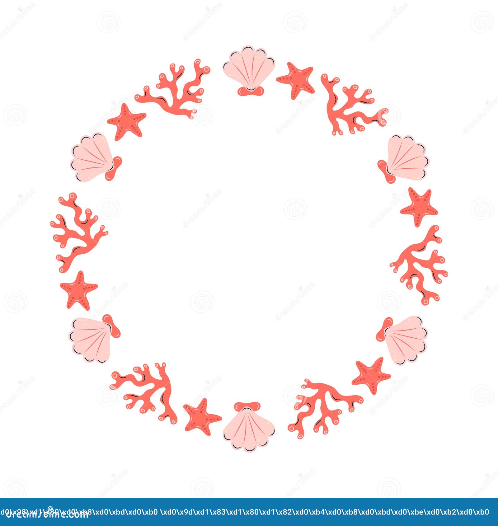 Round Sea Frame with Shells and Corals. Red Corals and White Background ...