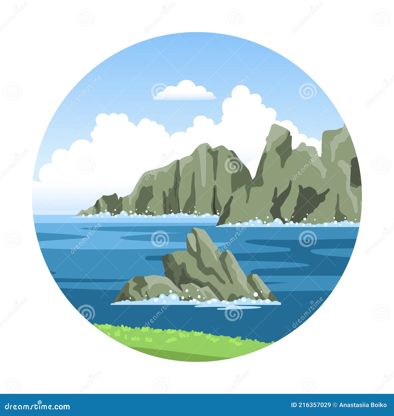 Round Seascape with Rocky Cliffs. Simple Hand-drawn Vector Illustration ...