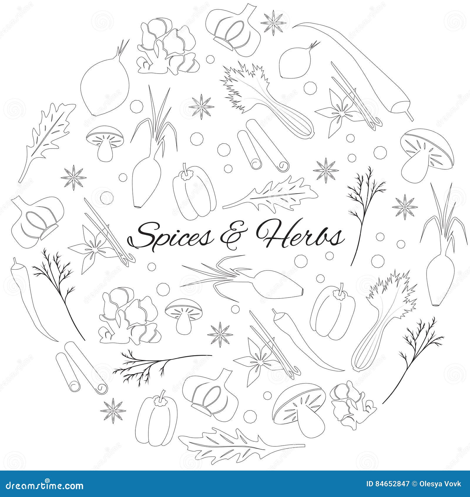 Round Set with Herbs and Spices Stock Illustration - Illustration of ...