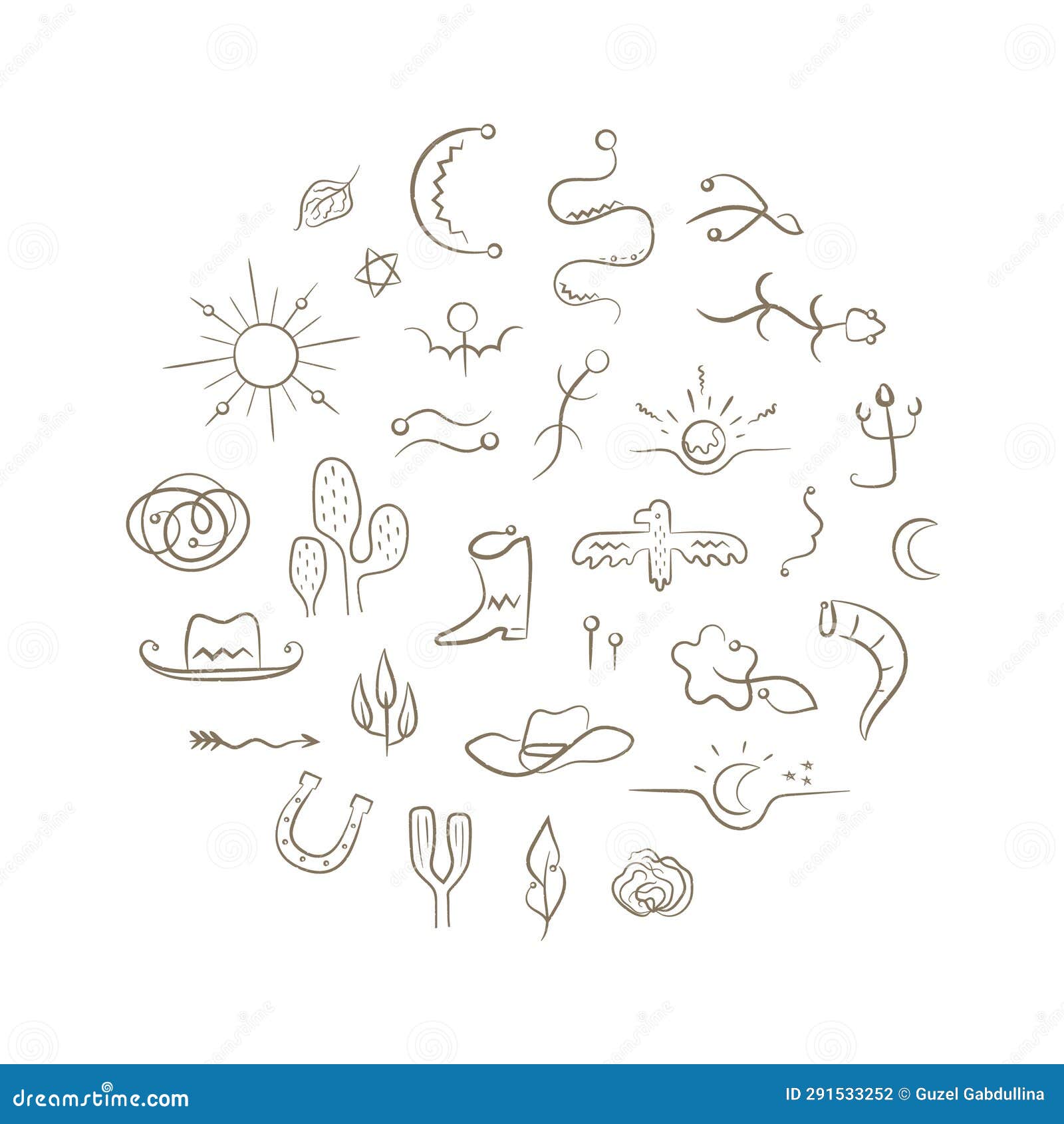 Round Shape Frame with Wild West Vector Illustrations, Icons. Simple ...