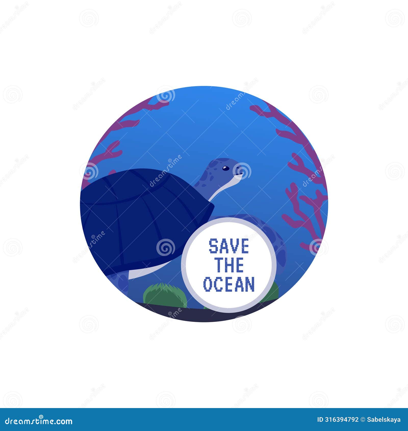 Round Shape with Turtle and Save the Ocean Text Flat Style, Vector ...