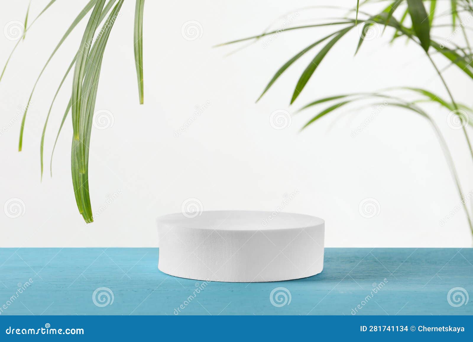 Round Shaped Podium on Light Blue Wooden Table. Space for Text Stock ...