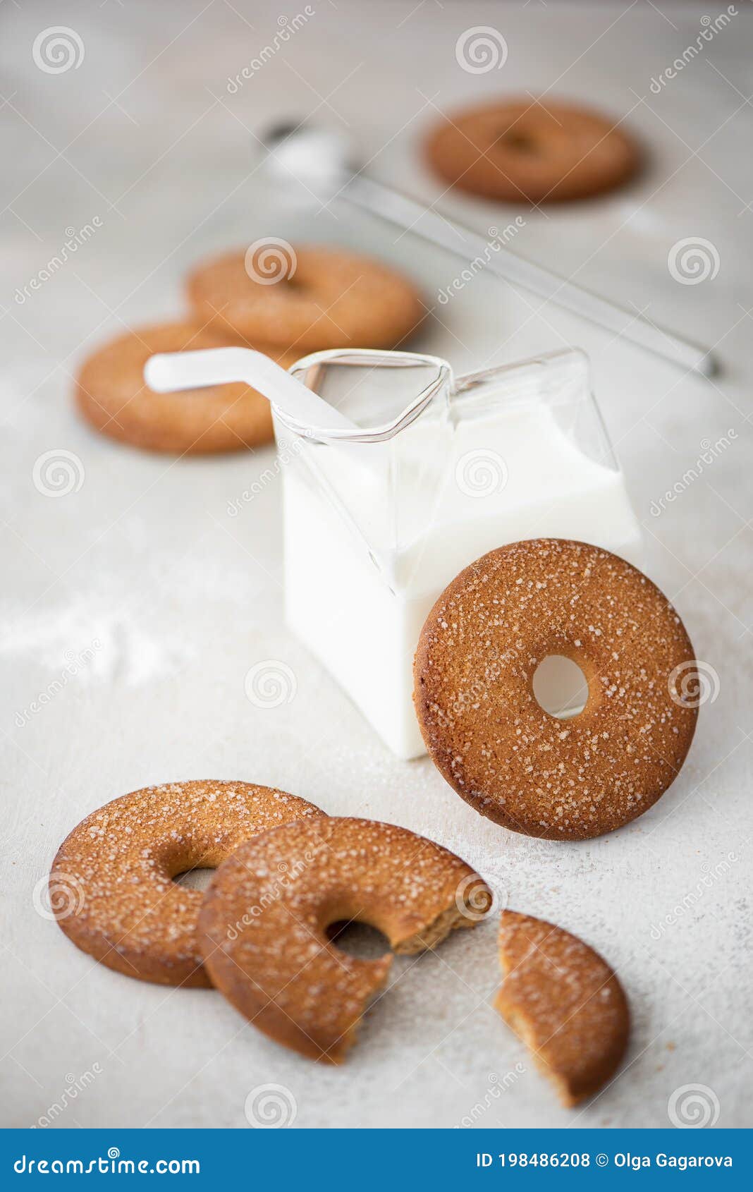 Round Shortbread Cookies with Sugar and Cold Milk Stock Photo - Image ...