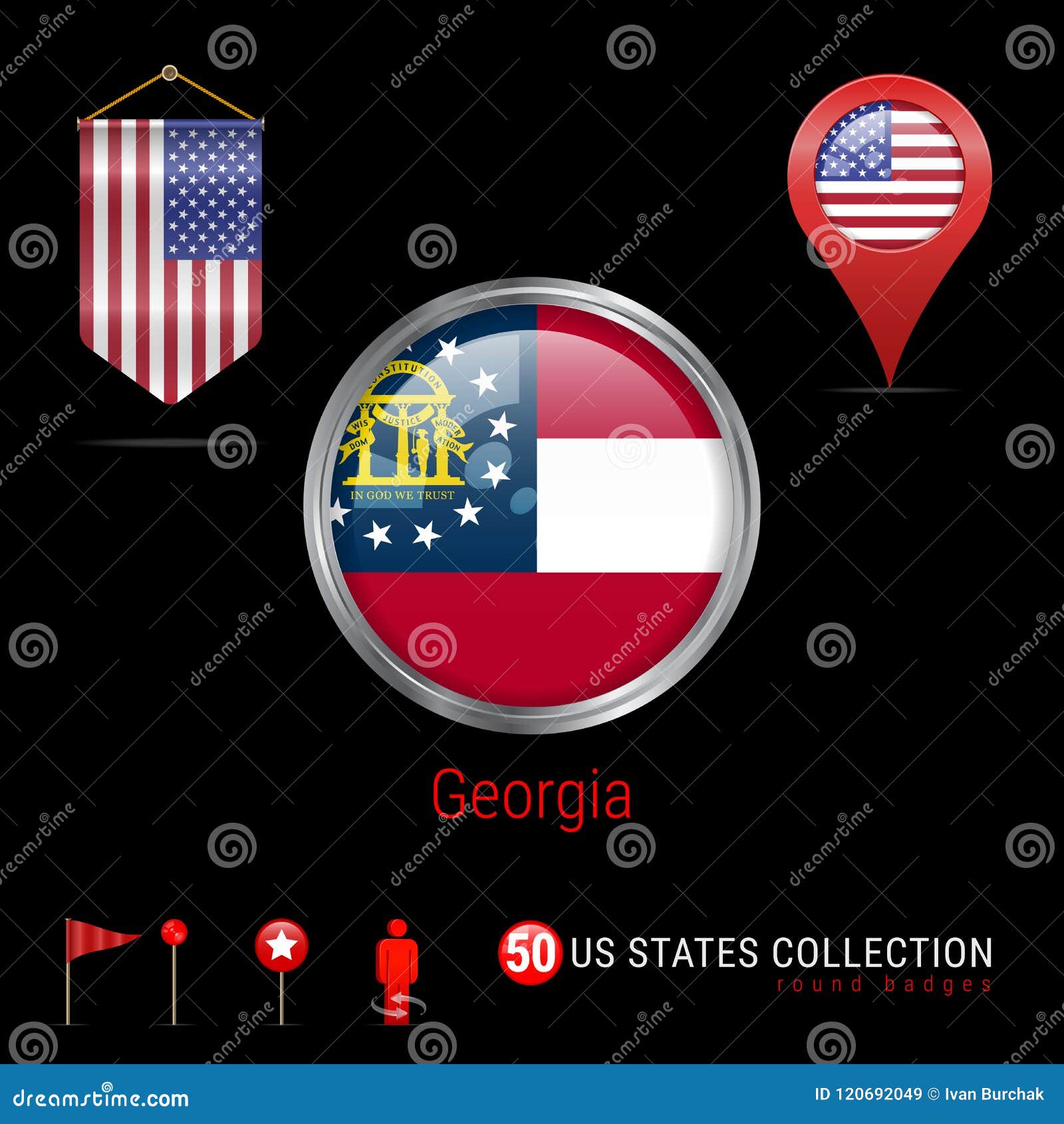 Round Chrome Vector Badge with Georgia US State Flag. Pennant Flag of ...