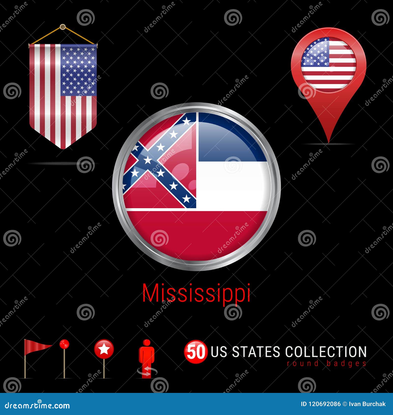 Round Chrome Vector Badge with Mississippi US State Flag. Pennant Flag ...