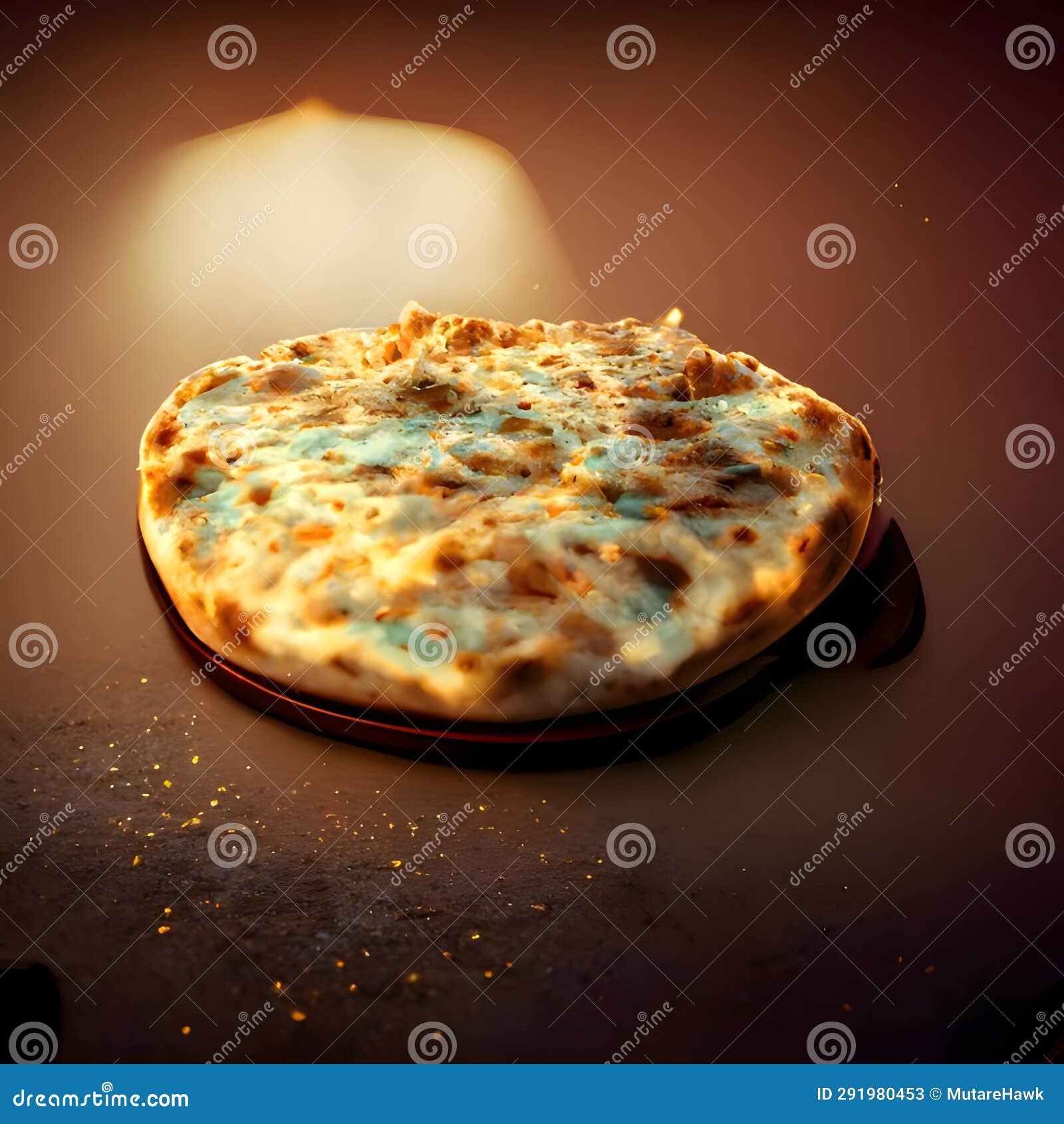 Round Small Pizza with Spices on Dark Solid Background. Side View Stock ...