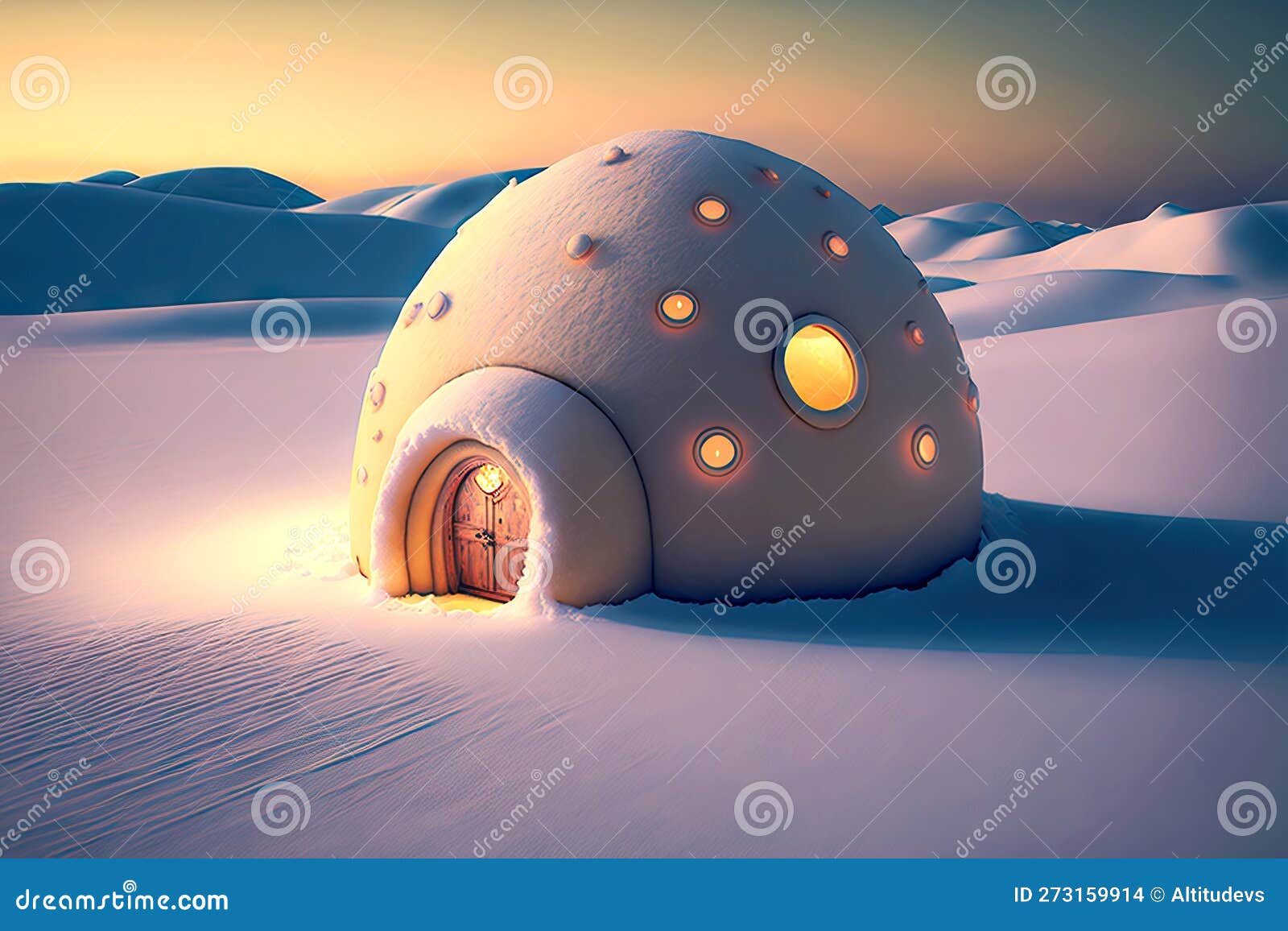 Round Snow Igloo Illuminated from Inside with Round Windows Stock ...