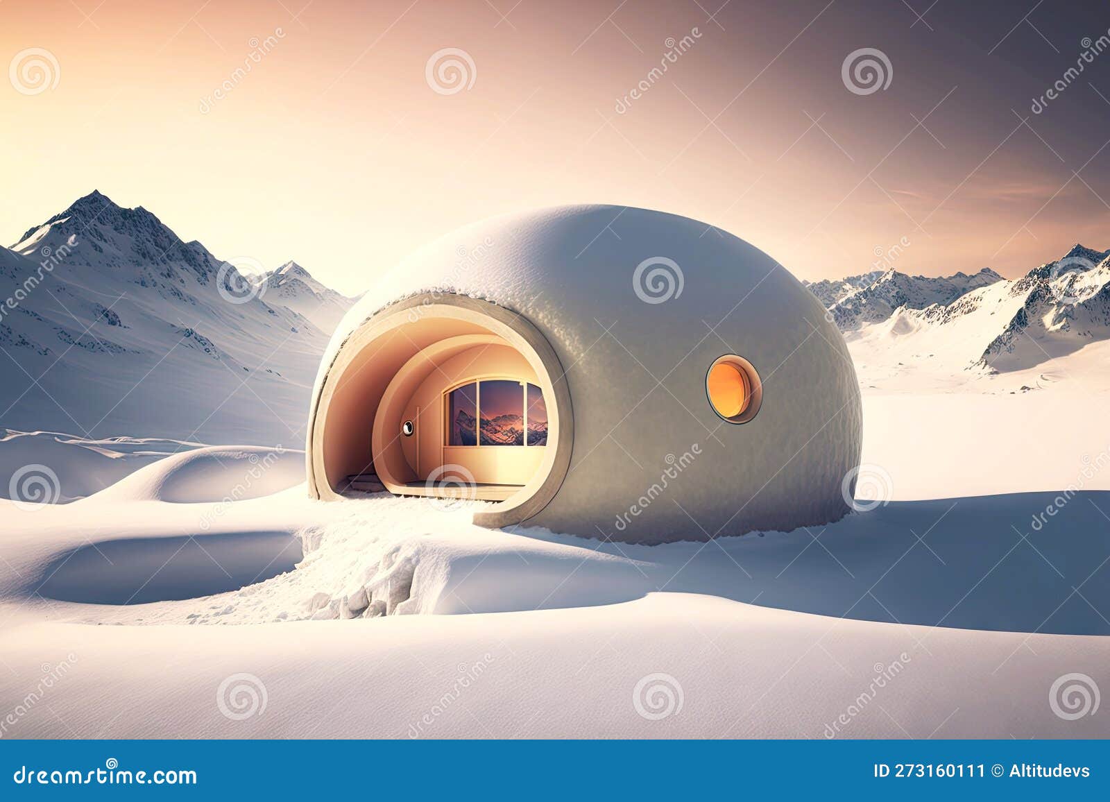 Round Snow Igloo Illuminated from Inside with Round Windows Stock ...