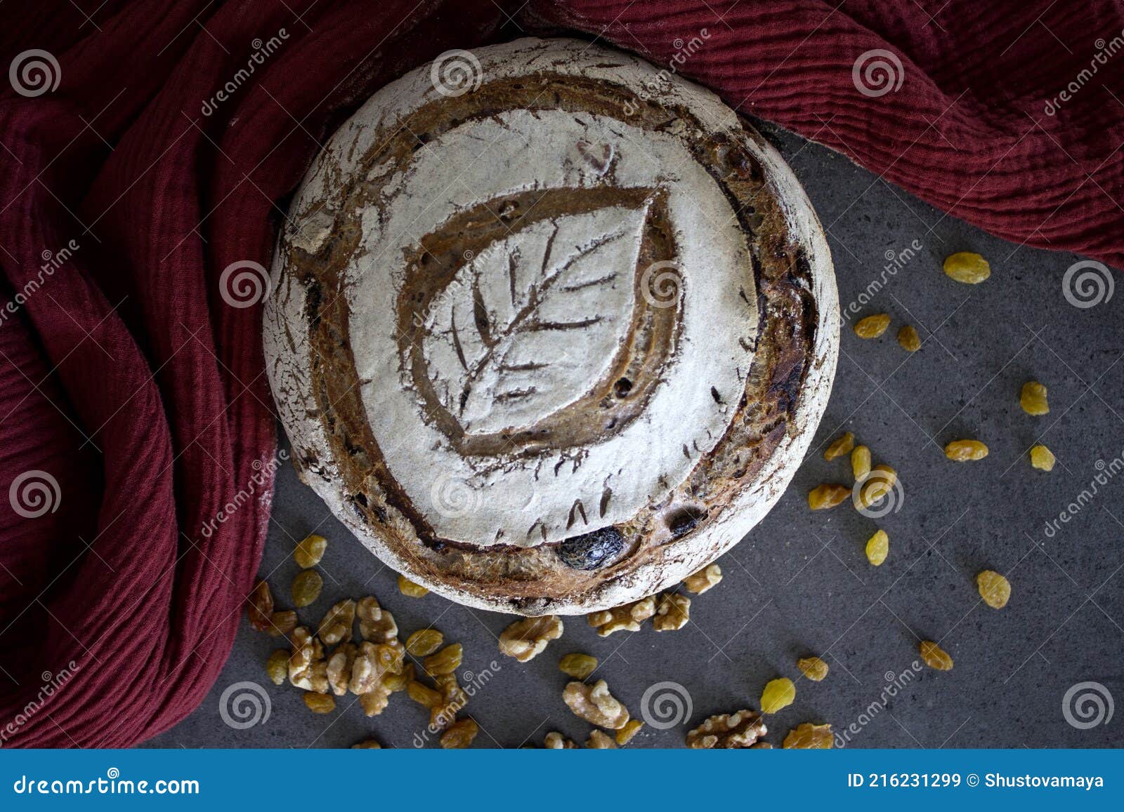 Round Sourdough Bread Decorated with Leaf Pattern Stock Image - Image ...
