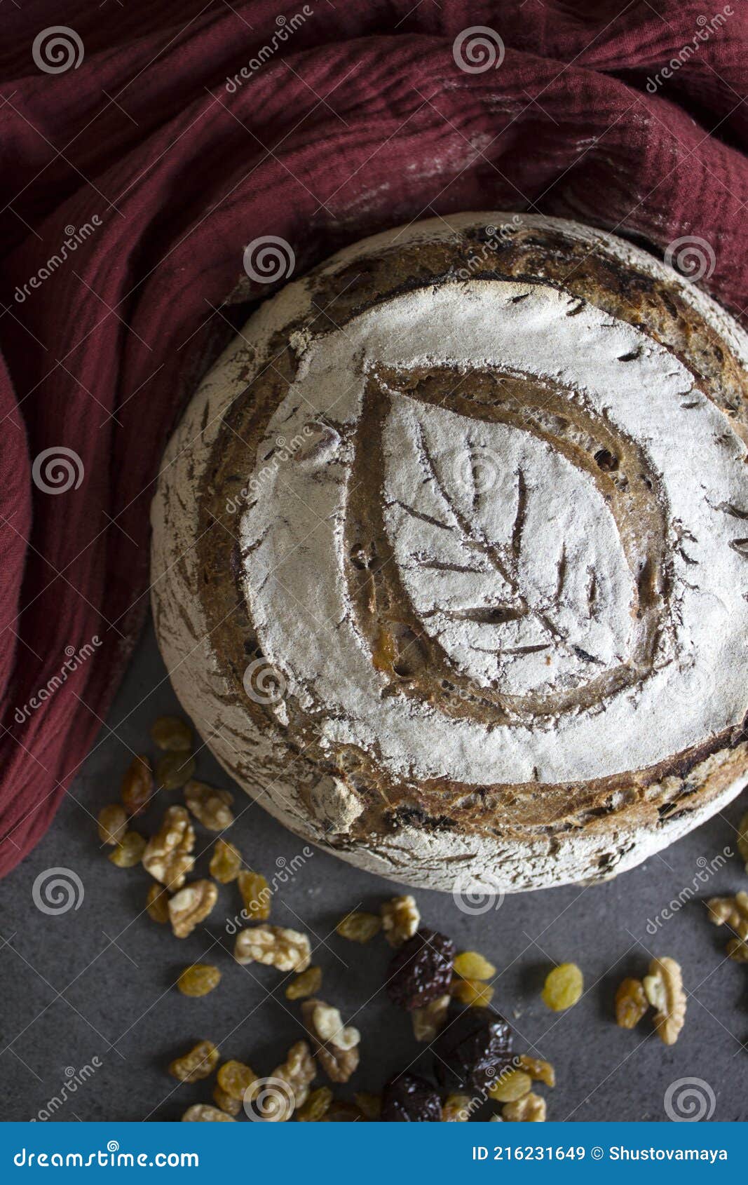 Round Sourdough Bread Decorated with Leaf Pattern Stock Image - Image ...