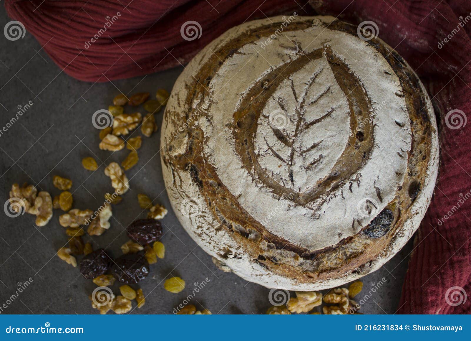 Round Sourdough Bread Decorated with Leaf Pattern Stock Photo - Image ...
