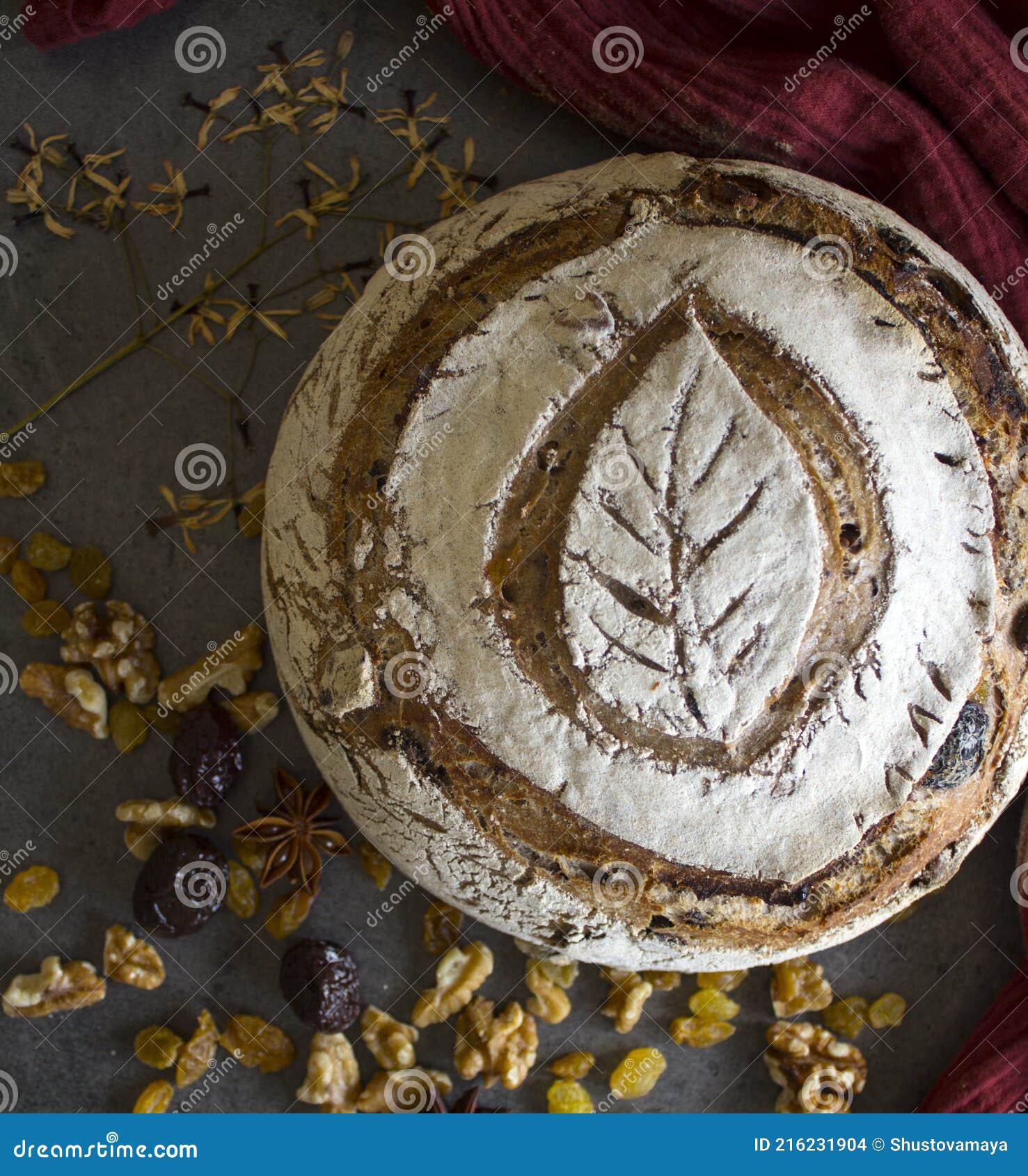 Round Sourdough Bread Decorated with Leaf Pattern Stock Photo - Image ...