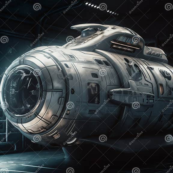 A Round Spaceship in a Hangar Stock Illustration - Illustration of ...