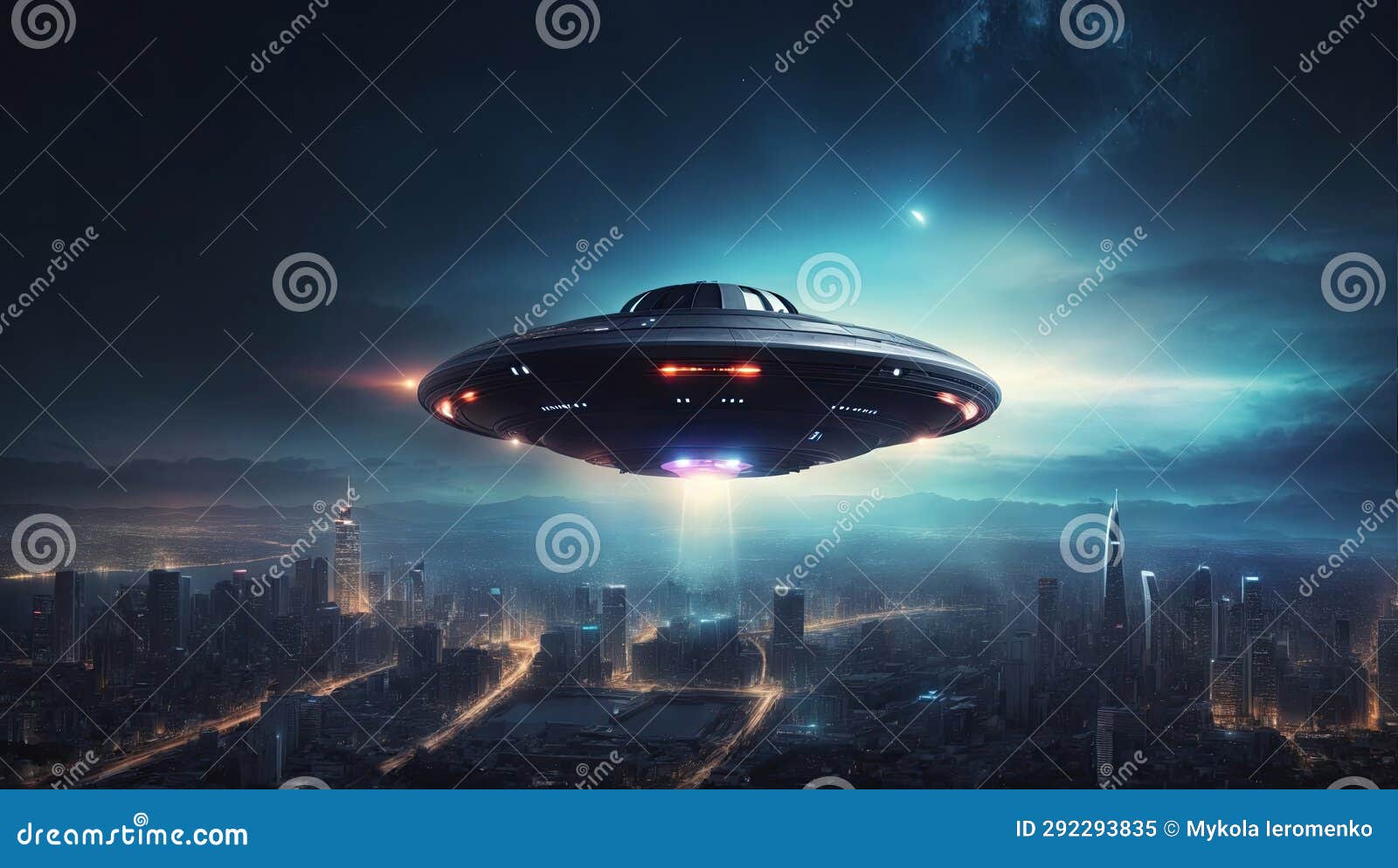 A Round Spaceship Over the City at Night Stock Illustration ...