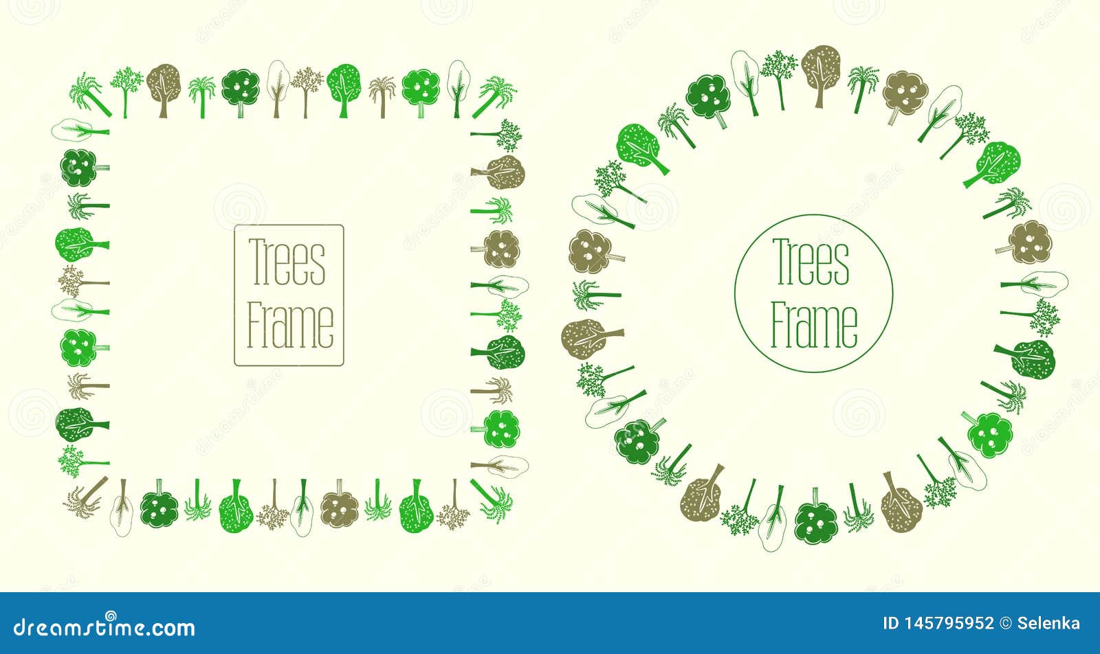 Round and Square Frames Set with Trees, Hand Drawn Vector Stock Vector ...