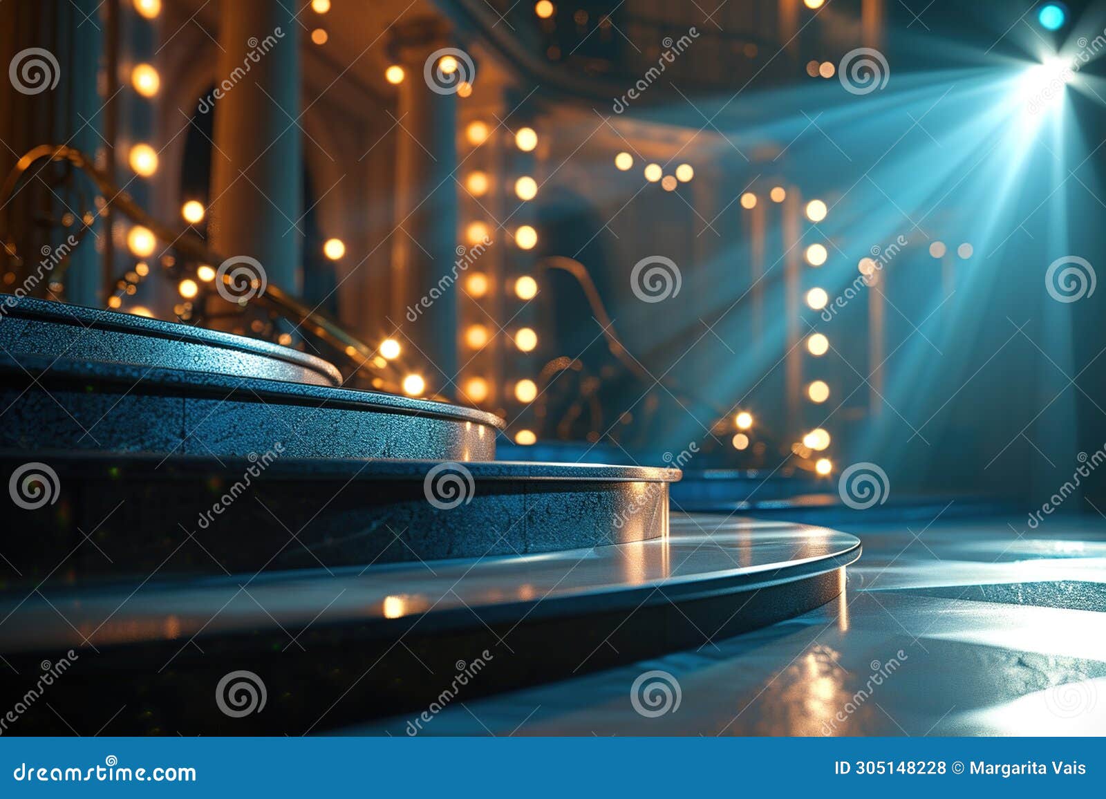 Round Staircase on Stage Under the Cold Bright Rays of the Spotlight ...