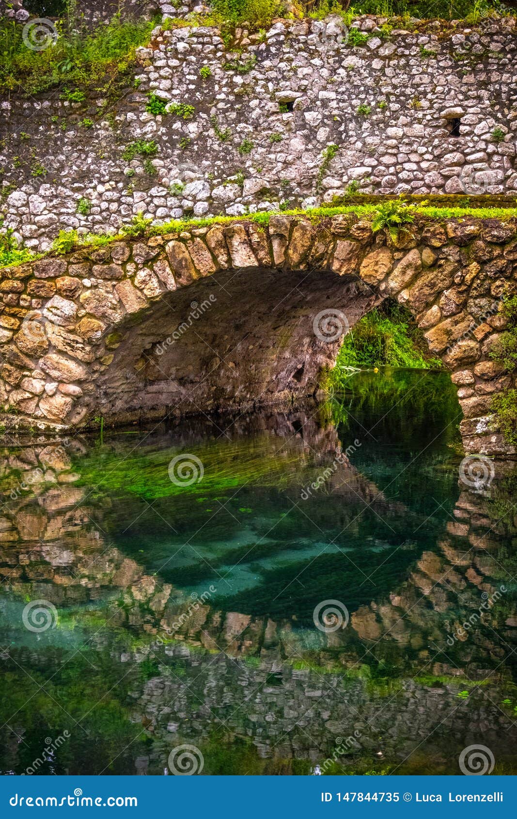 Round Stone Bridge Reflected in River Water Vertical Background Stock ...