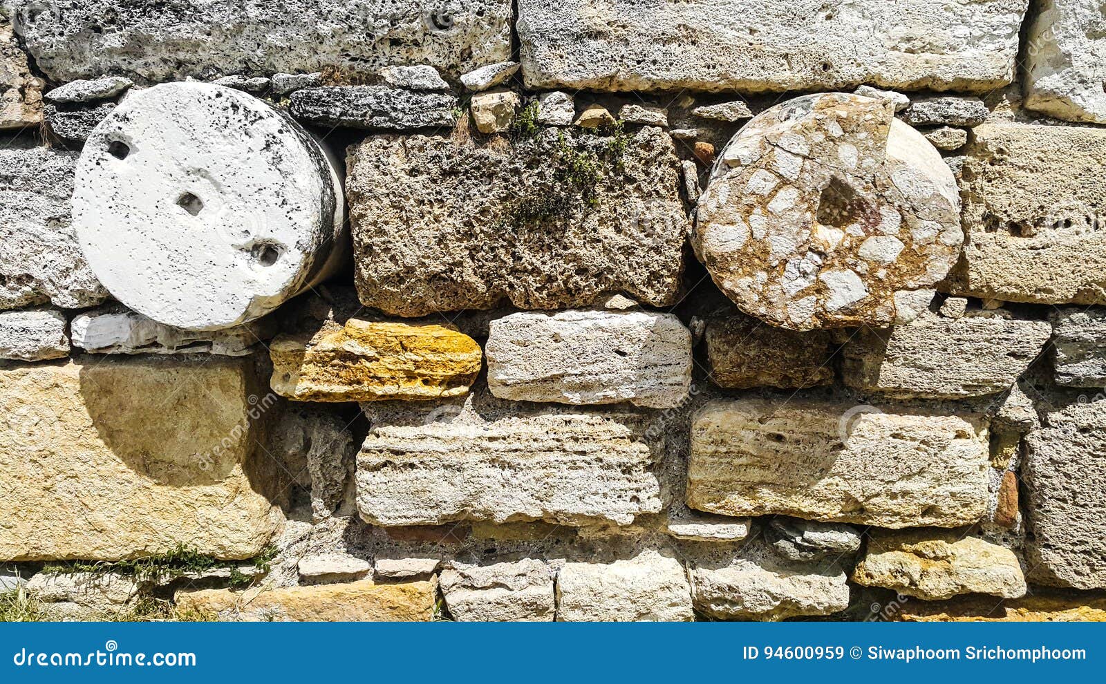 Round Stone and Old Stone in the Ancient Wall Stock Image - Image of ...