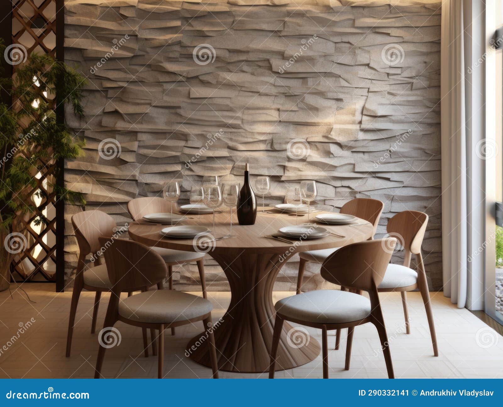 Round Table Against of Stone 3d Panel Wall. Interior Design of Modern ...