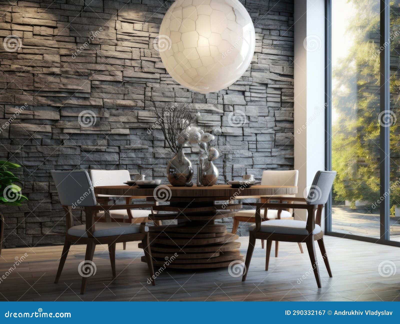 Round Table Against of Stone 3d Panel Wall. Interior Design of Modern ...