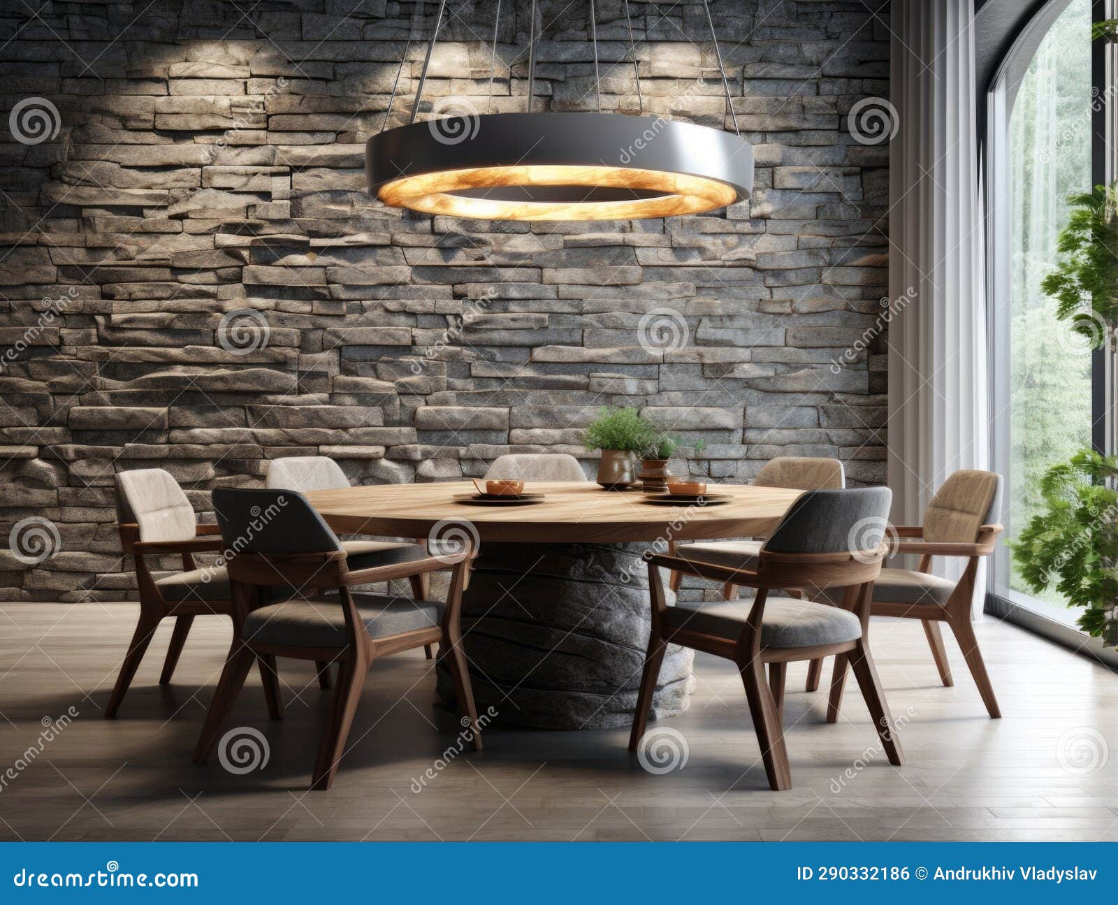 Round Table Against of Stone 3d Panel Wall. Interior Design of Modern ...